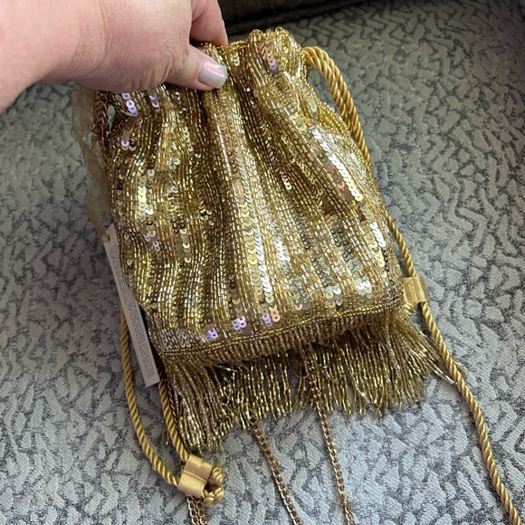 Bags | Gold Beaded Sequin Drawstring Bag | Poshmark